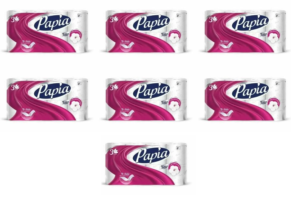 Papia Бумага туалетная 3-х слойная 8 рулонов в упаковке, Premium белая, 7 уп