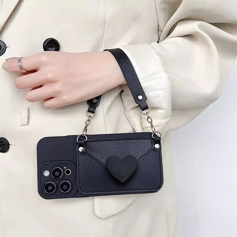Кожаный чехол с ремешком через плечо Love для Iphone 15 14 13 12 Mini 11 Pro черный, For iphone 12