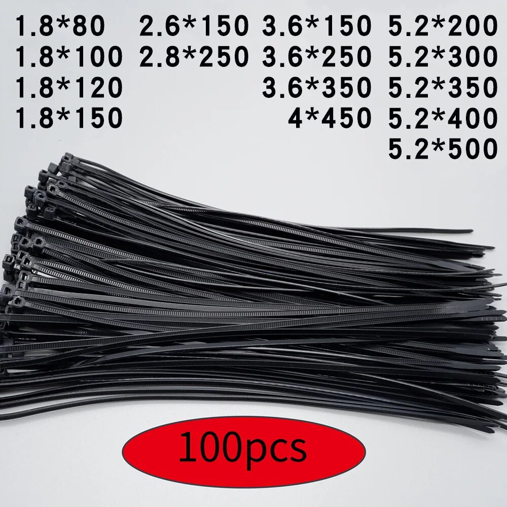 Нейлоновые стяжки 5.2x300mm, черные, 100 шт.
