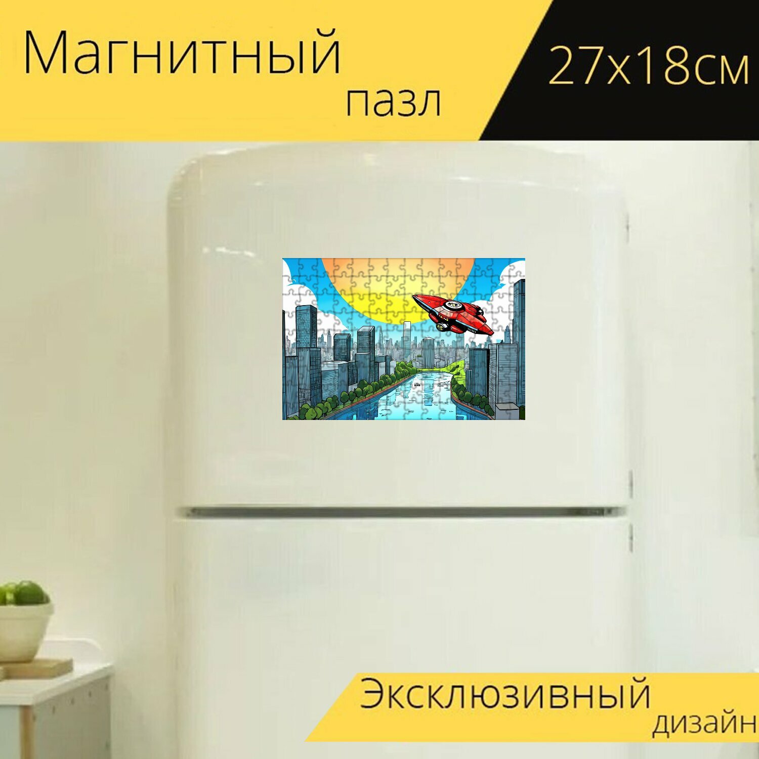 Магнитный пазл "Стиль детская иллюстрация, комикс, Космический корабль с яркими красными деталями летит над современным городом под ярким закатом. Небо." на холодильник 27 x 18 см.