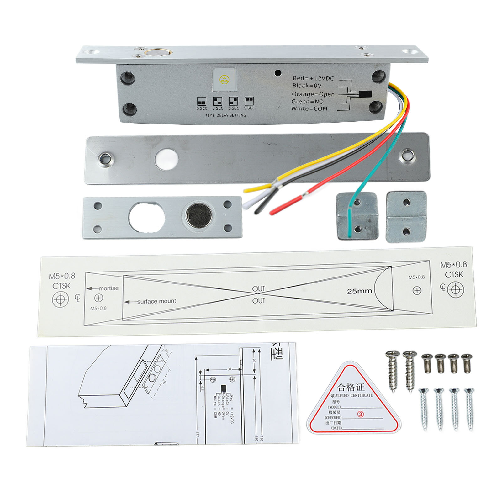 DC 12V 5 Lines Electric Bolt Lock Narrow Deadbolt Drop Door with Time Delay LED Display for Entry Access Control Power Off Unlocking