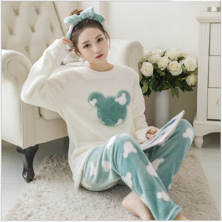 Женская фланелевая пижама, зимний комплект из двух предметов, корейский стиль, милая и симпатичная, студенческая одежда из флисовой ткани кораллового цвета на осень и зиму, утепленная домашняя одежда, размер：M