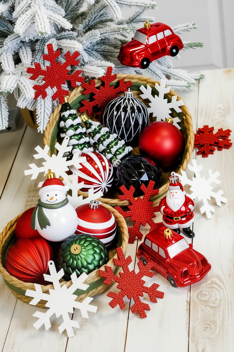 Набор пластиковых ёлочных шаров и игрушек новый ГОД примчался! (красный с белым и зелёным), 8-12 см, 25 шт, Winter Deco 2000303