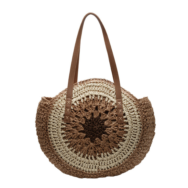 Новая бумажная веревка, вязаная крючком, цветная большая круглая сумка из соломки, повседневная сумка с цветными блоками, пляжная сумка, модная плетеная сумка через плечо для женщин