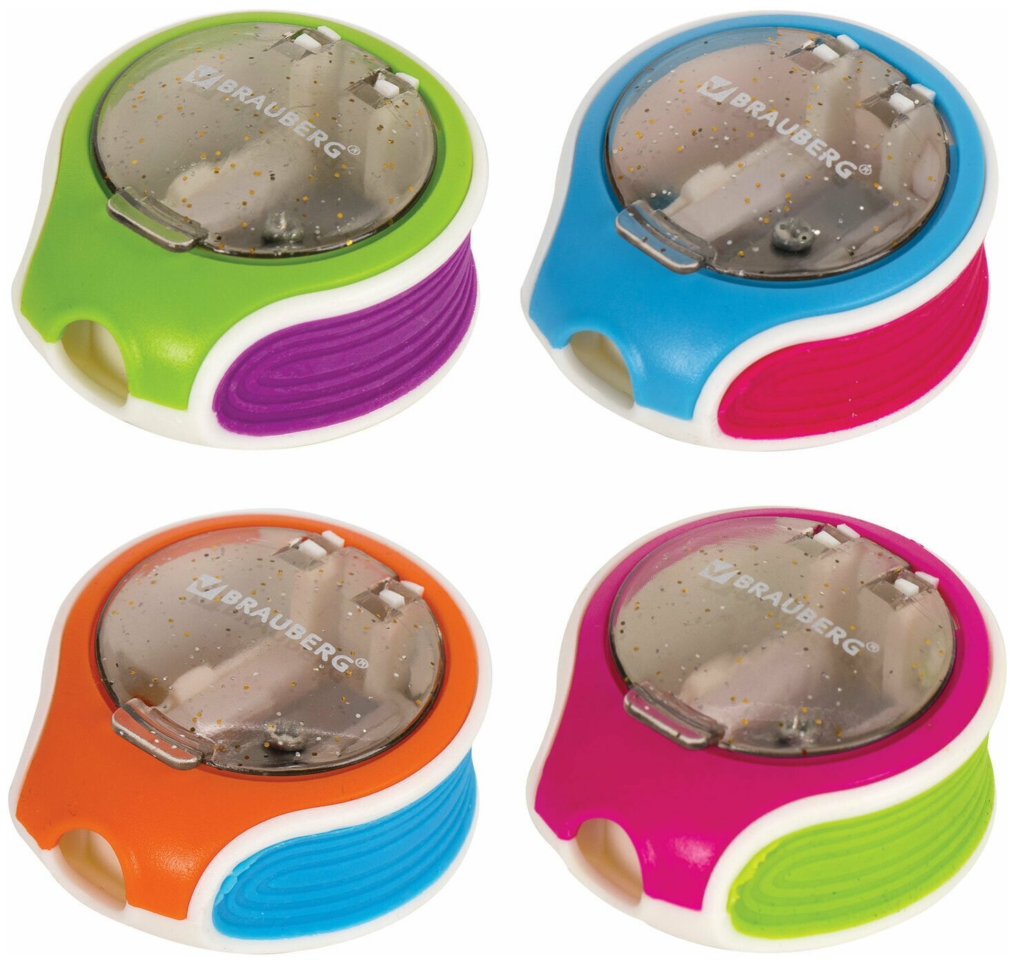 Точилка BRAUBERG "Mix Soft", пластиковая, с контейнером, корпус ассорти, комплект из 12 шт, 229585