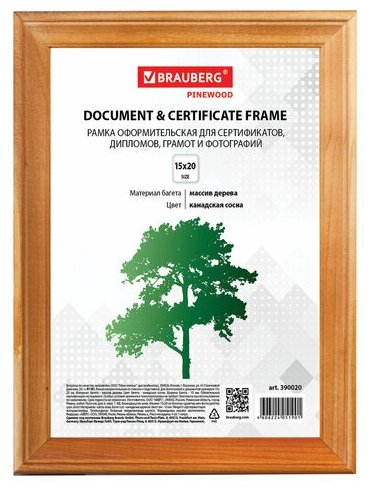 Рамка 15х20 см, дерево, багет 18 мм, BRAUBERG "HIT", канадская сосна, стекло, подставка, 390020