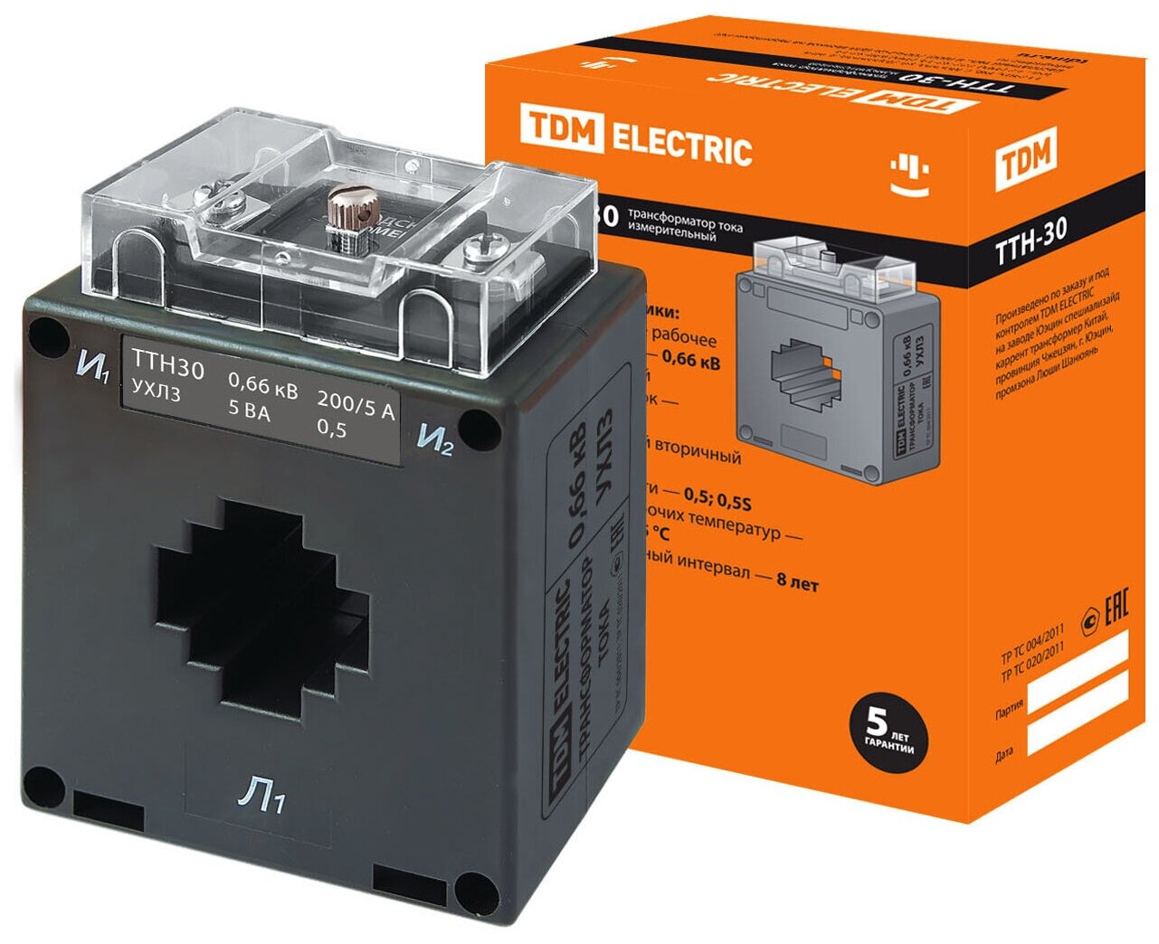 Трансформатор тока измерительный ТТН 30/200/5- 5VA/0,5-Р TDM SQ1101-1080 (1 шт.)