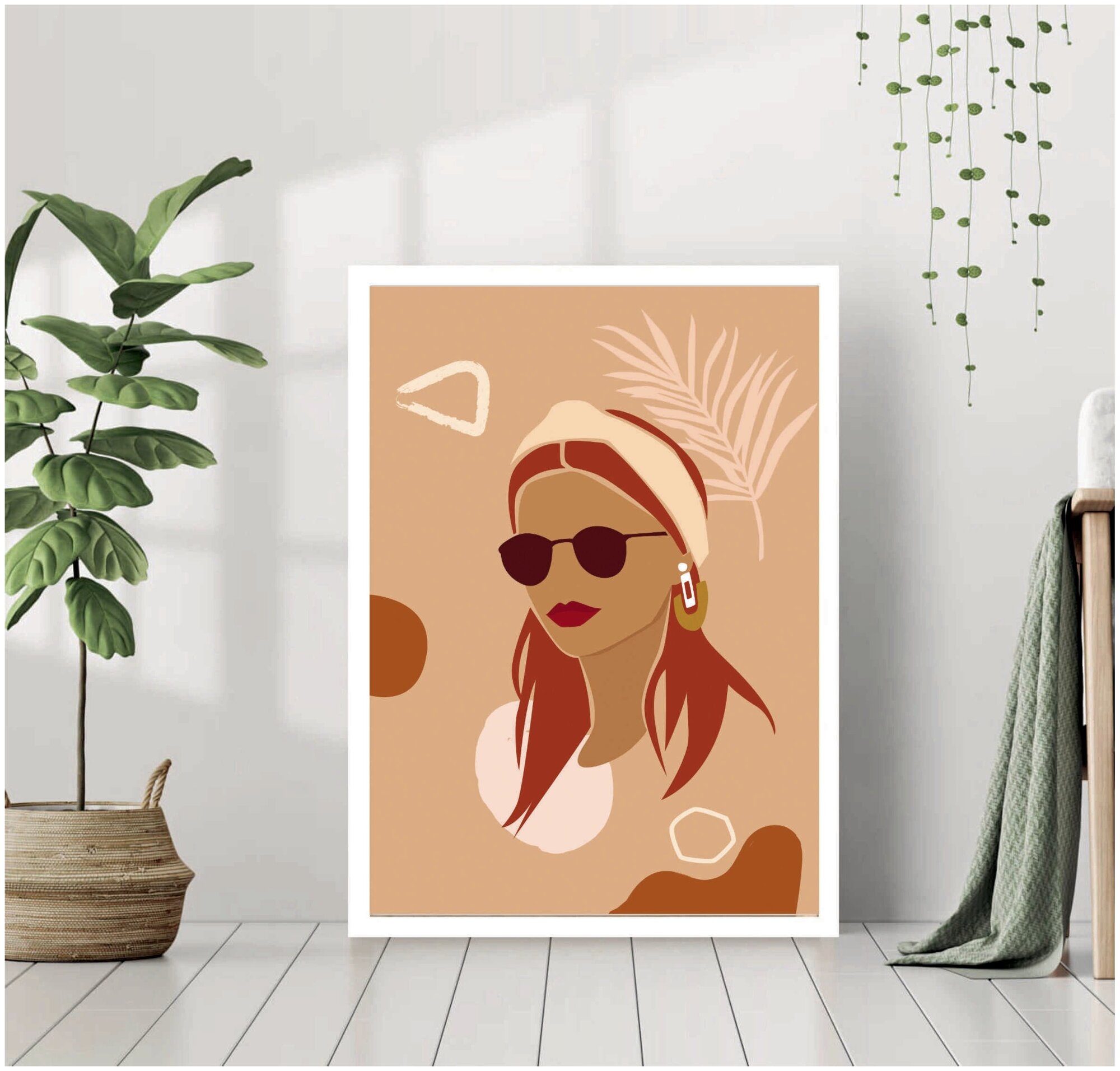Постер "Лицо девушки в черных очках. Минимализм. Стиль бохо" 40x50 в белой рамке для интерьера на стену