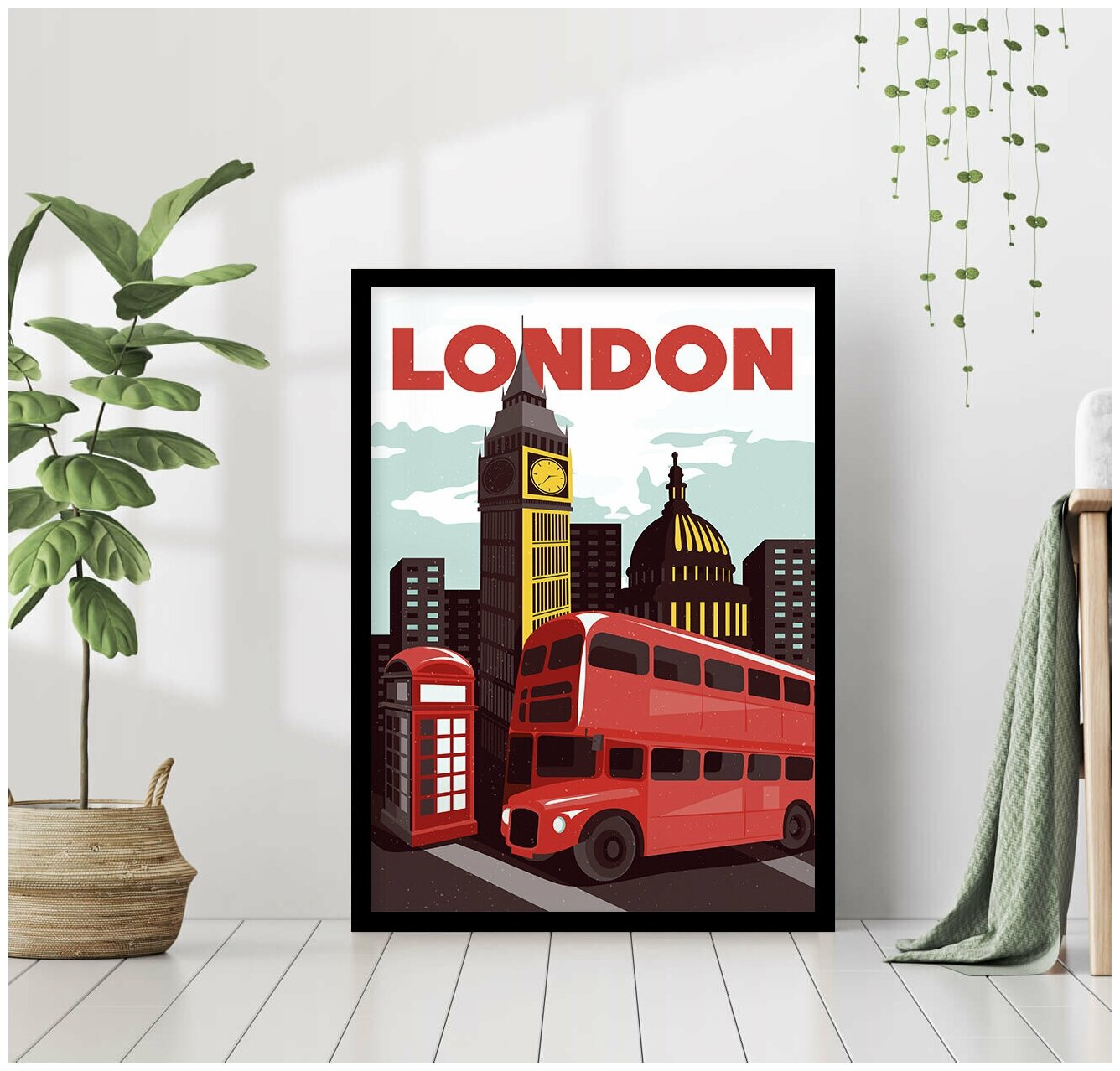 Постер "Лондон. Двухъярусный автобус" 50x70 в черной рамке на стену для интерьера