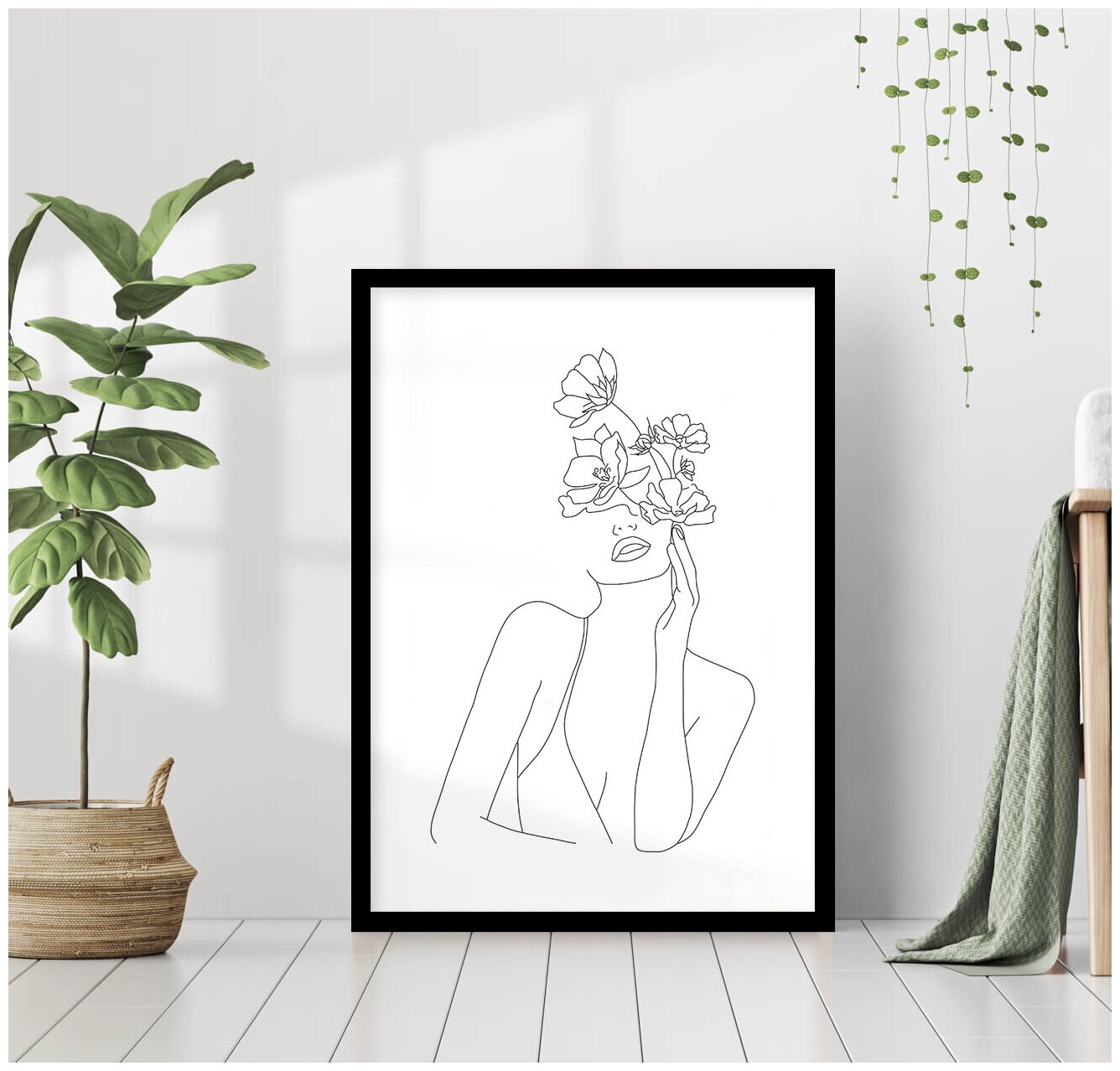 Постер "Цветы на лице, лотосы, девушка. Линейный силуэт" в черной рамке 50х70 см для интерьера на стену