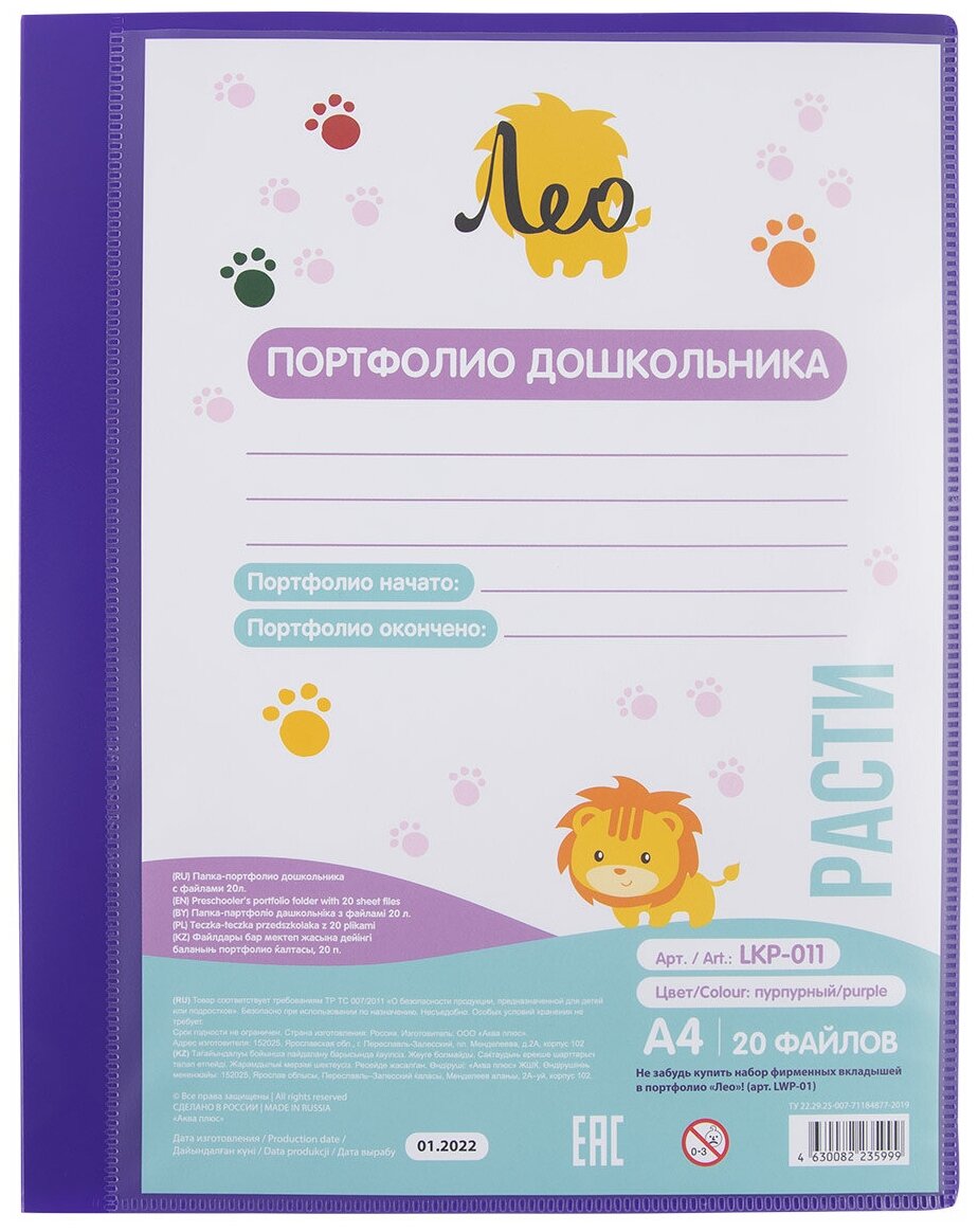 Лео Расти папка-портфолио дошкольника с файлами 20л A4 700мкм 15мм песок пурпурный LKP-011
