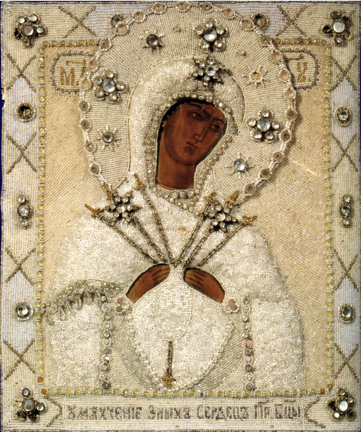 Семистрельная Умягчение злых сердец (Симеоново проречение) икона Божией Матери деревянная на левкасе 13 см