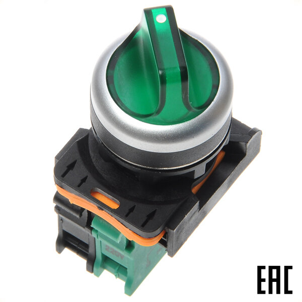 Выключатель поворотный зелёный 2 положения 1з c фиксацией, с подсветкой 220В AC IP65 PB0-AK123M5