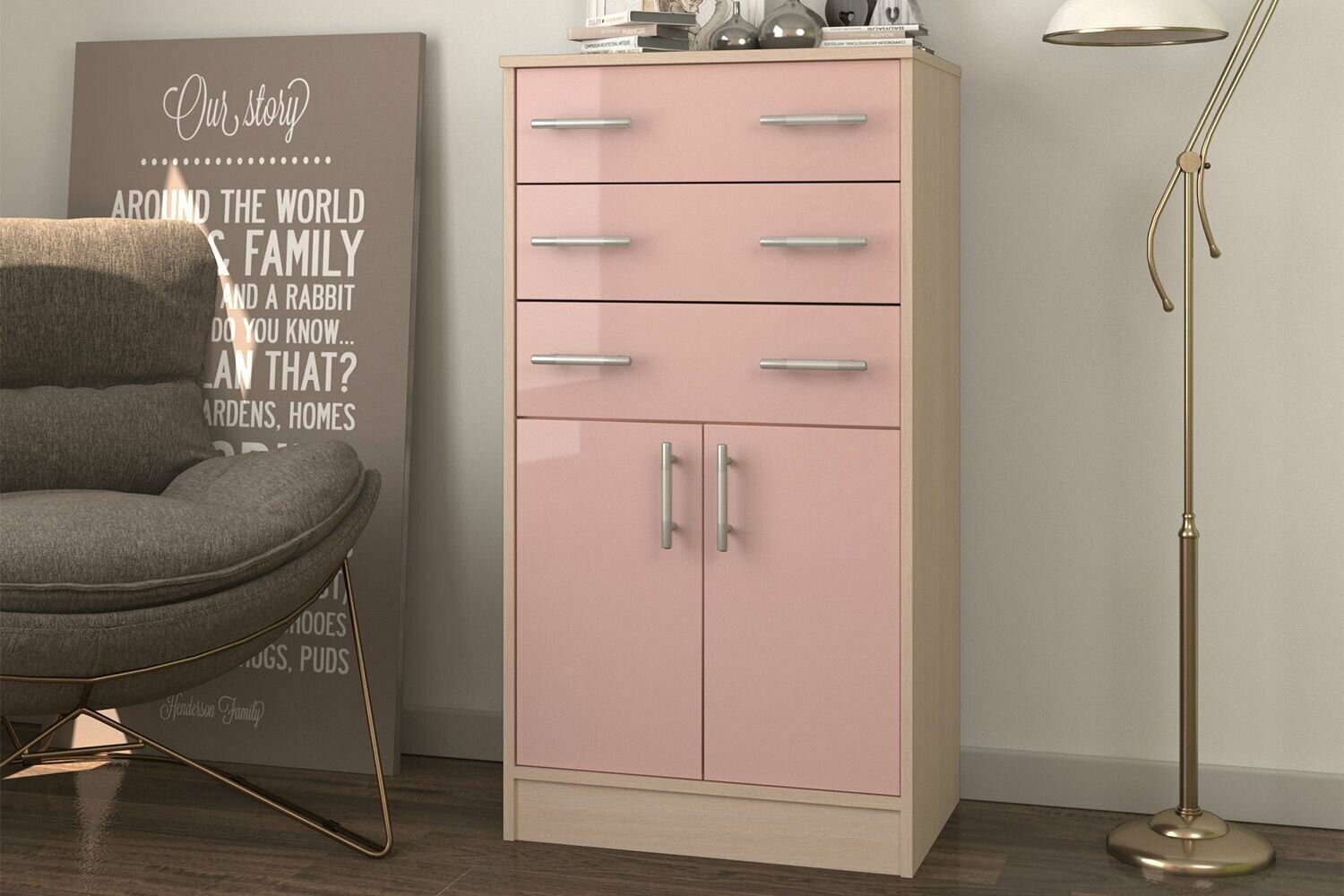 Комод Ричард 3.2 60х42х114 МДФ глянец Мамбо MU-06, корпус дуб млечный, 3 ящика и 2 дверцы