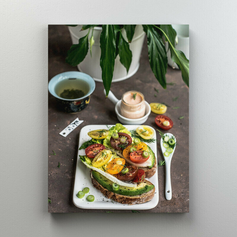 Интерьерная картина на холсте "Брускетта с авокадо" для кухни, кафе и ресторанов, размер 22x30 см