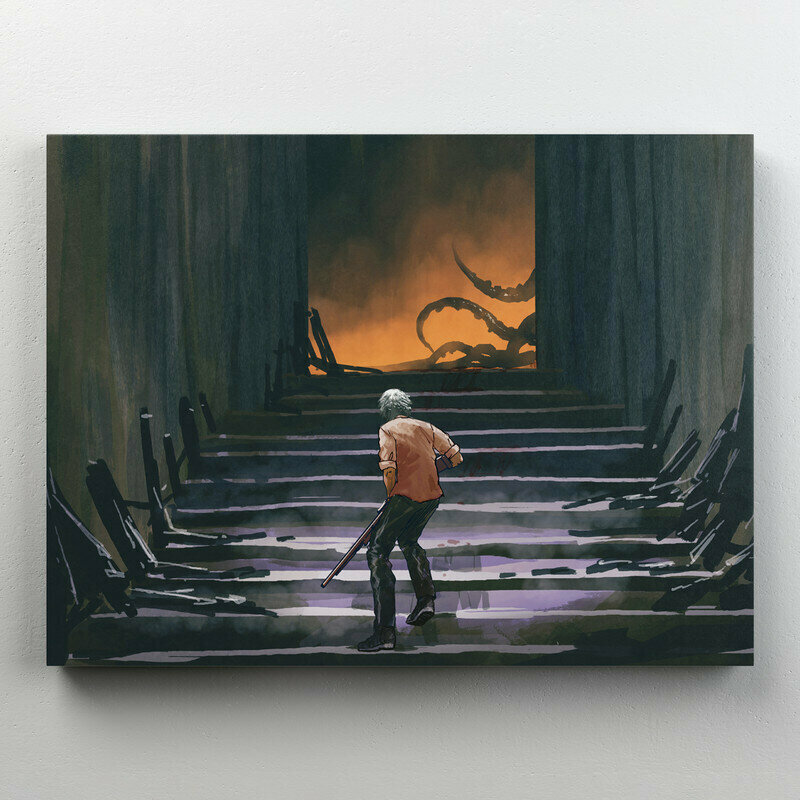 Интерьерная картина на холсте "Человек с винтовкой спасается от монстра с щупальцами" размер 30x22 см