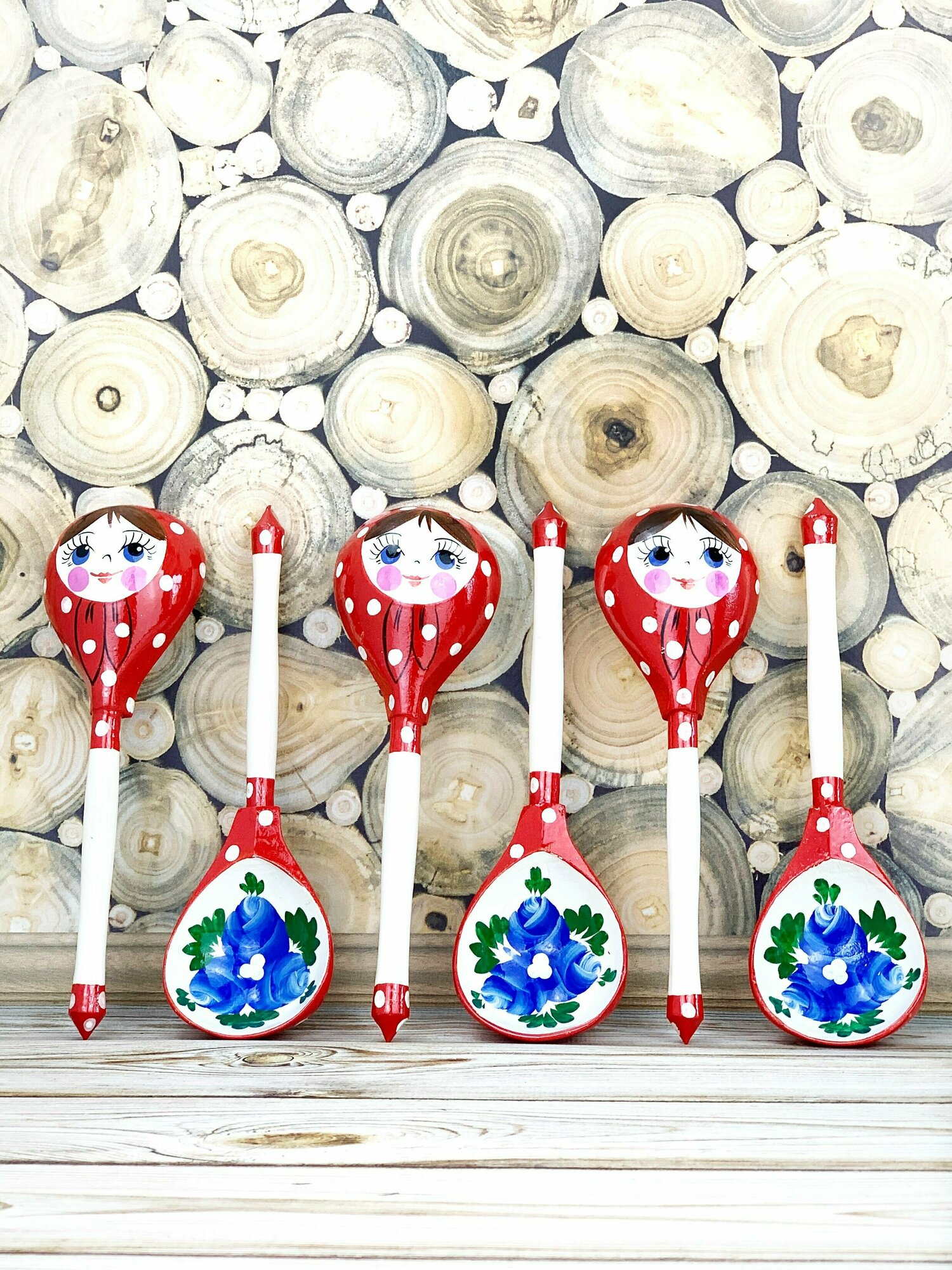 Ложки деревянные музыкальные, столовые, народные музыкальные инструменты, ручная авторская роспись, бело-красные, 6 шт.