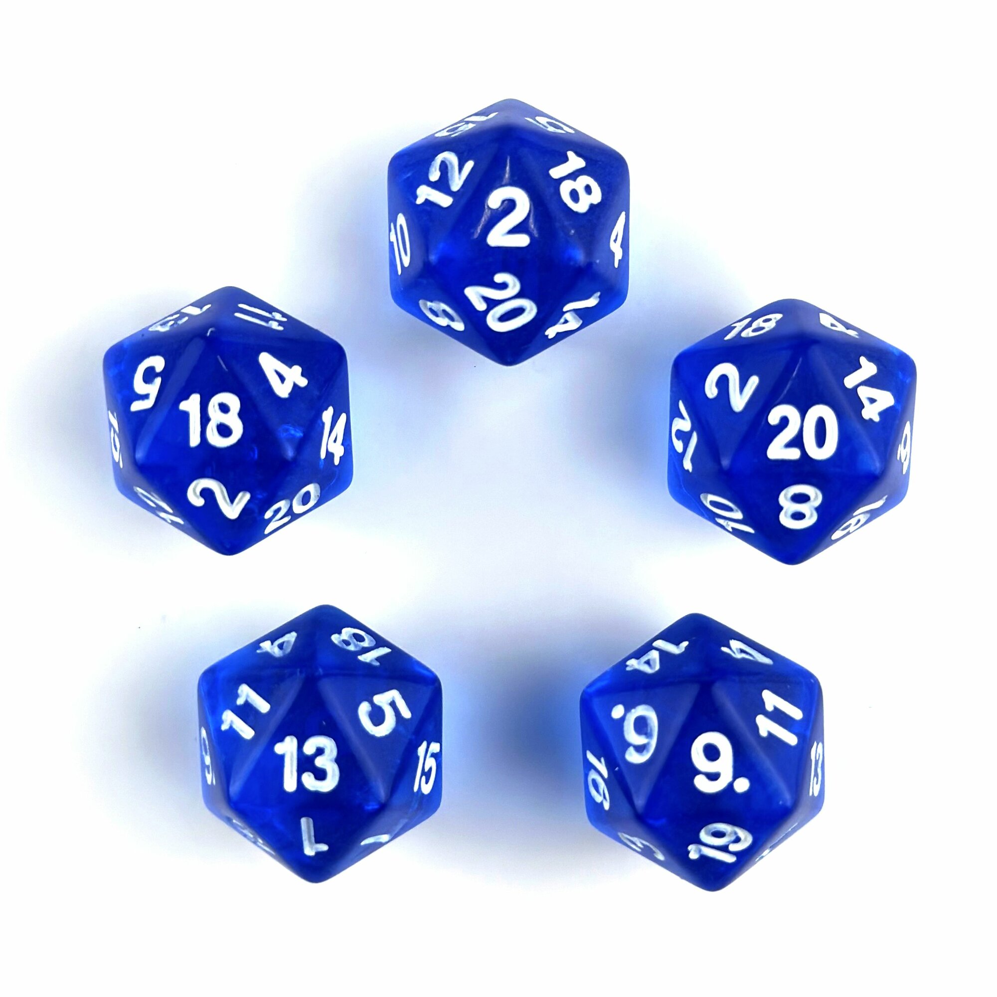 Кубик двадцатигранный синий прозрачный (D20) для настольных и ролевых игр, набор 5 штук