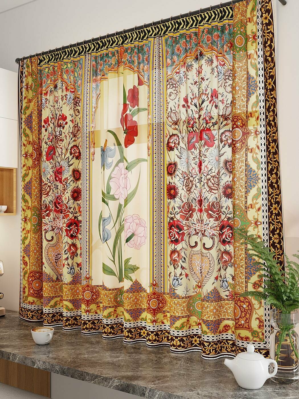 Комплекты штор AT HOME Руаяна высота 150 см, ширина 300 см, крепление - шторная лента, Бежевый