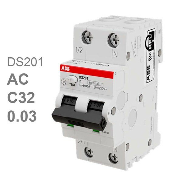 Дифференциальный автомат ABB 1P+N DS201 C32 Ампера, AC30 30mA, 6kA, (хар-ка C) 2CSR255080R1324, Италия, Оригинал