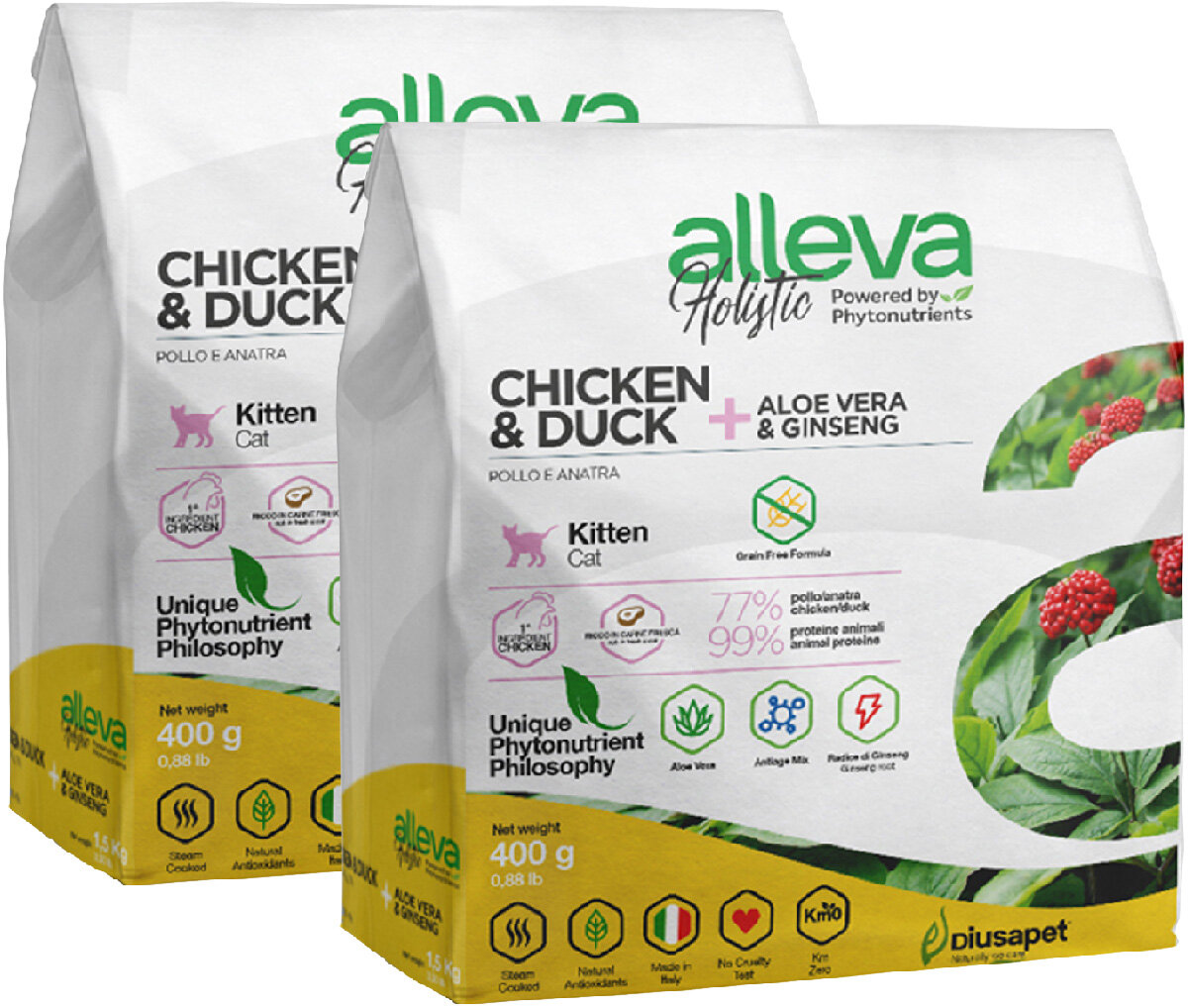 ALLEVA HOLISTIC KITTEN CHICKEN & DUCK беззерновой для котят с курицей, уткой, алоэ вера и женьшенем (0,4 + 0,4 кг)