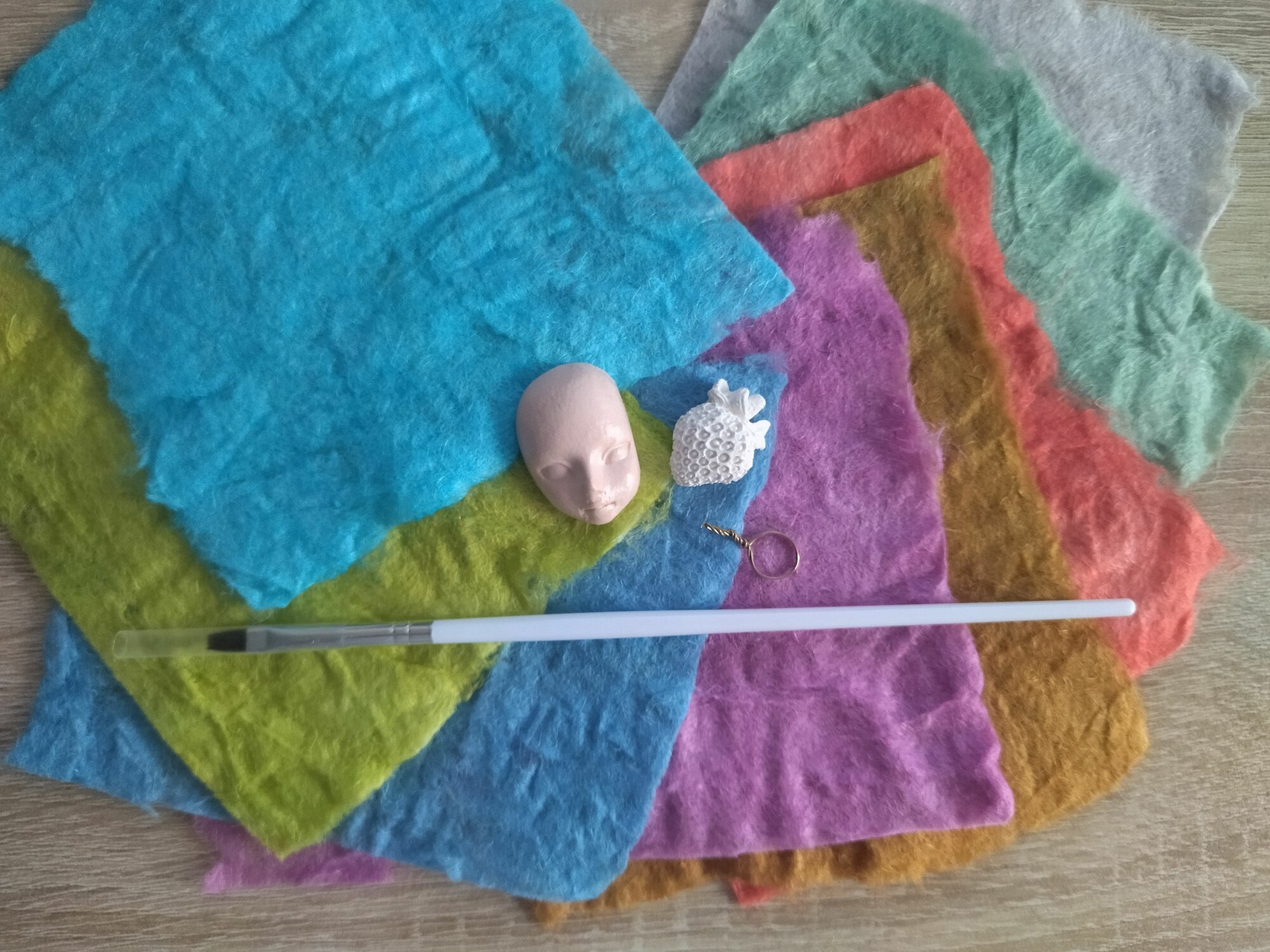 Набор 12 предметов, 100% лен , размер ваты 10*10см + личико, кисть, штифт, миниатюра, для создания ватной игрушки