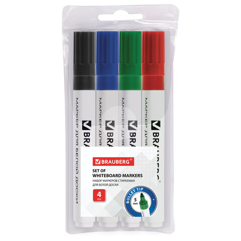 Набор маркеров Brauberg для магнитных досок. 4 цвета, пулевидный, 5 мм, на водной основе