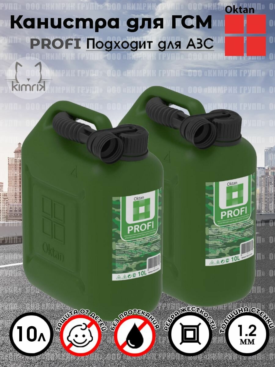 Канистра для бензина и масла PROFI пластиковая, зеленая, 2 штуки по 10 л, с заливным шлангом в комплекте, Oktan