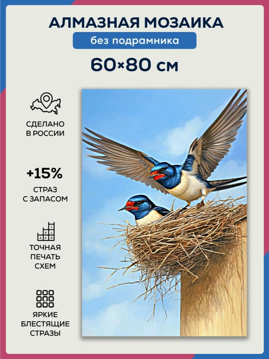 Алмазная мозаика 60x80 Ласточки в гнезде без подрамника