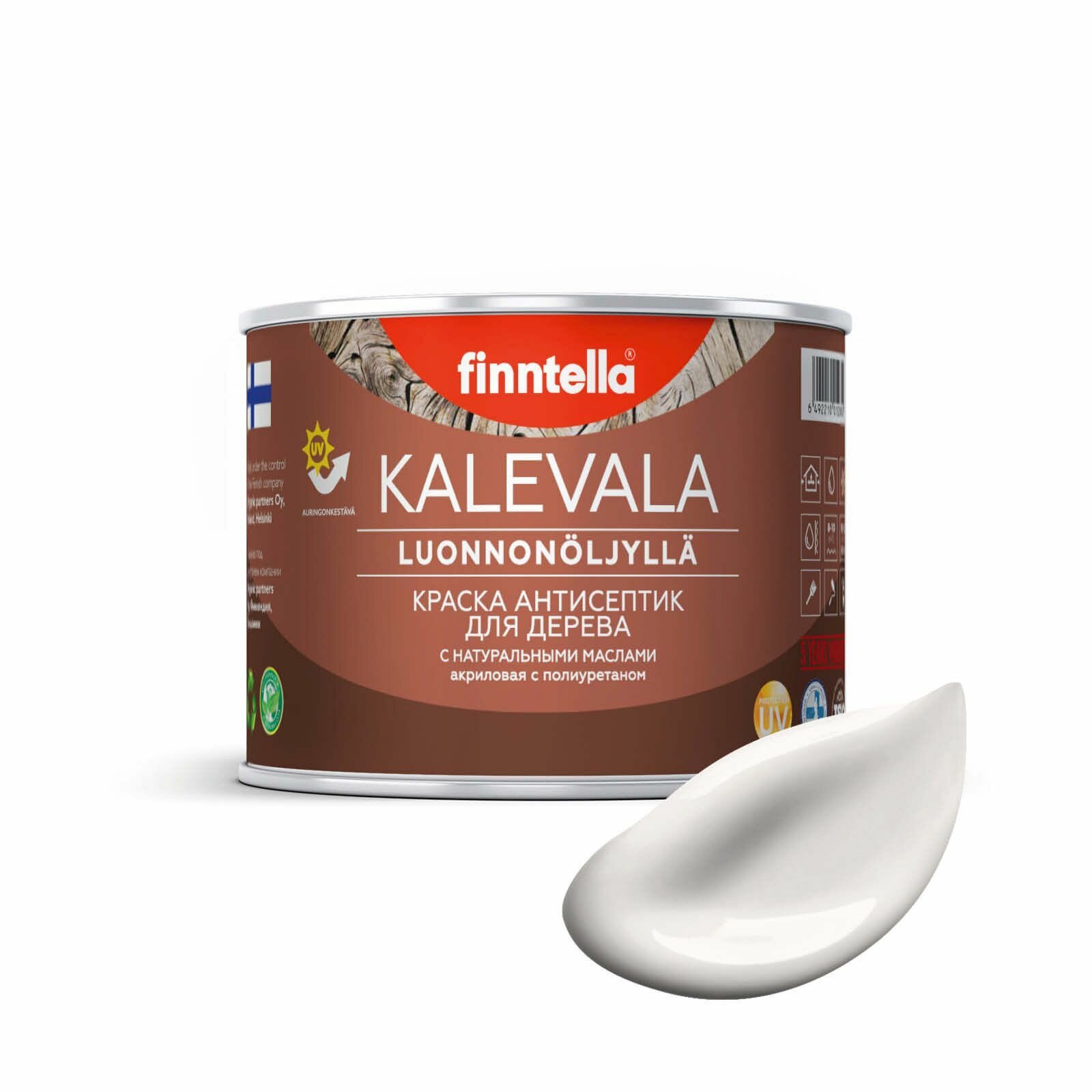 Краска для дерева и деревянных фасадов FINNTELLA KALEVALA, с натуральным маслом и полиуретаном, цвет MAITO (молочно-белый) , 0,45л