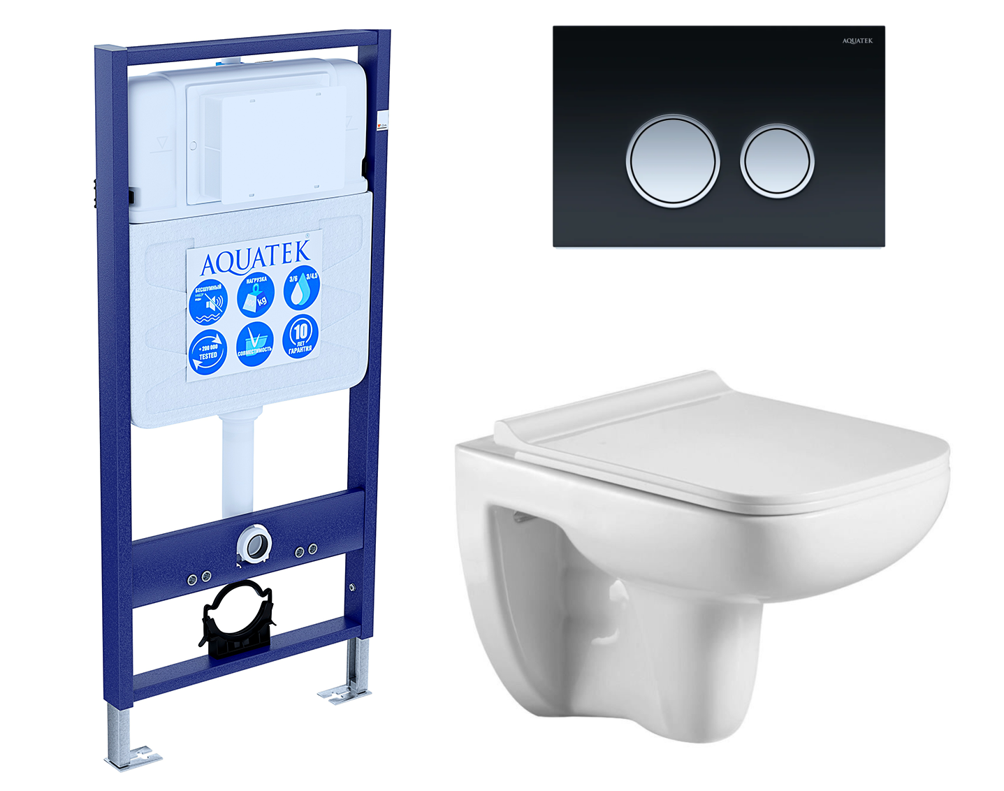 Комплект 3 в 1 инсталляция Акватек Standart 50 + Подвесной унитаз WeltWasser Kehlbach 004 GL-WT с кнопкой черной хром INS-0000012 + 10000003810 + KDI-0000029