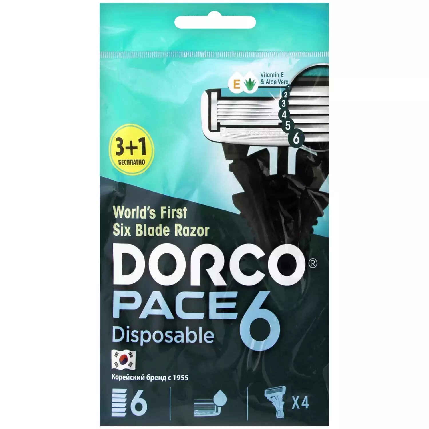 Dorco Pace 6 Одноразовый станок, 6-лезвий, плавающая головка, прорезиненная ручка, 3+1 шт