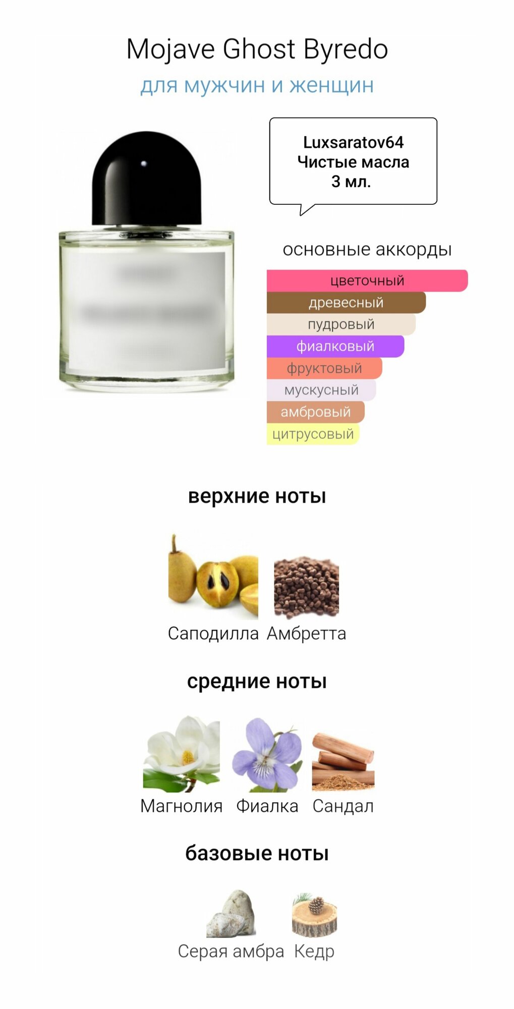 Масляные духи, аромат унисекс, Mojave Ghost, Швейцария, парфюм масло, 3 мл роликовый флакон