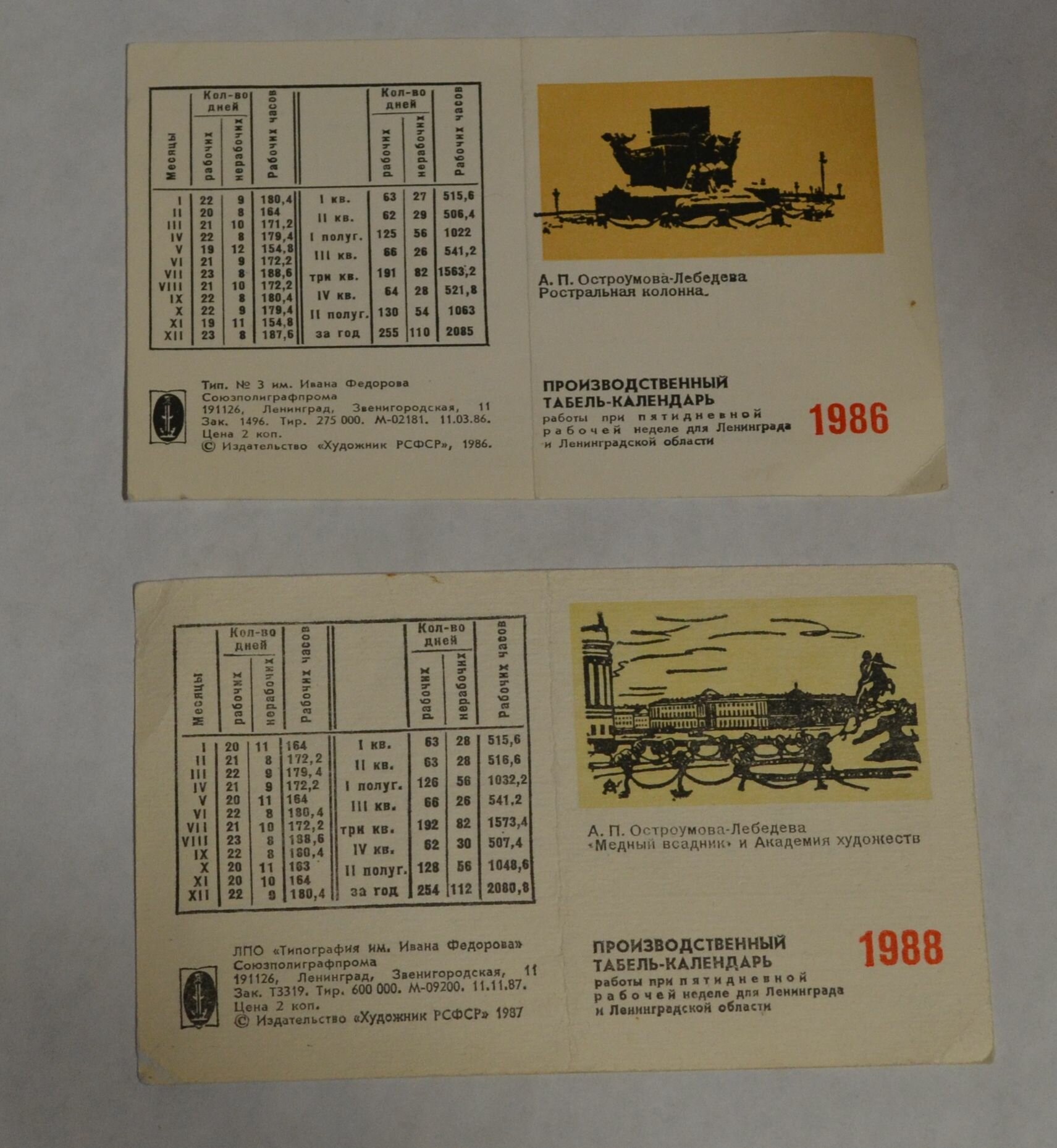 Набор карманных календариков СССР. 1986, 1988 год. Табель-календарь Виды Ленинграда (2 штуки)
