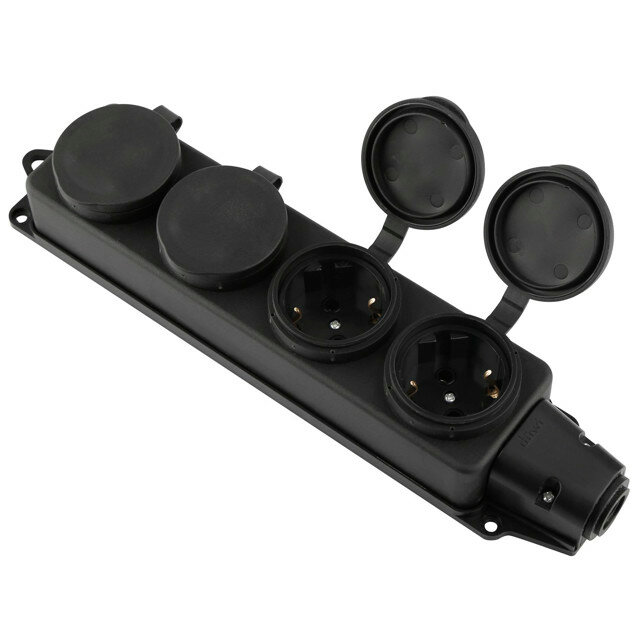 DUWI колодка на 4 гнезда с крышкой, IP44, 16A, чёрный корпус, защита от влаги и пыли