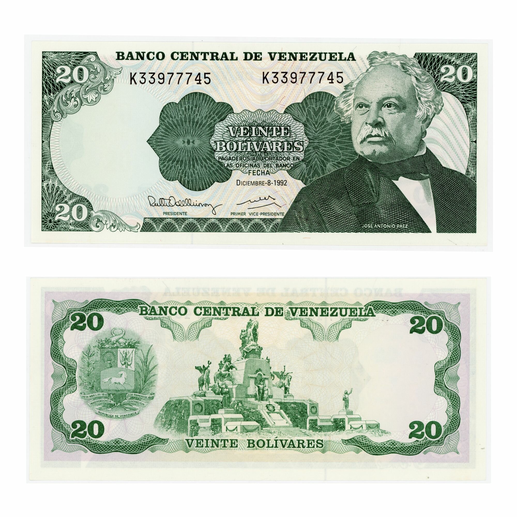 Банкнота Венесуэла 20 боливар VEINTE BOLIVARES 1992 год Uncirculated (UNC) Pick 63