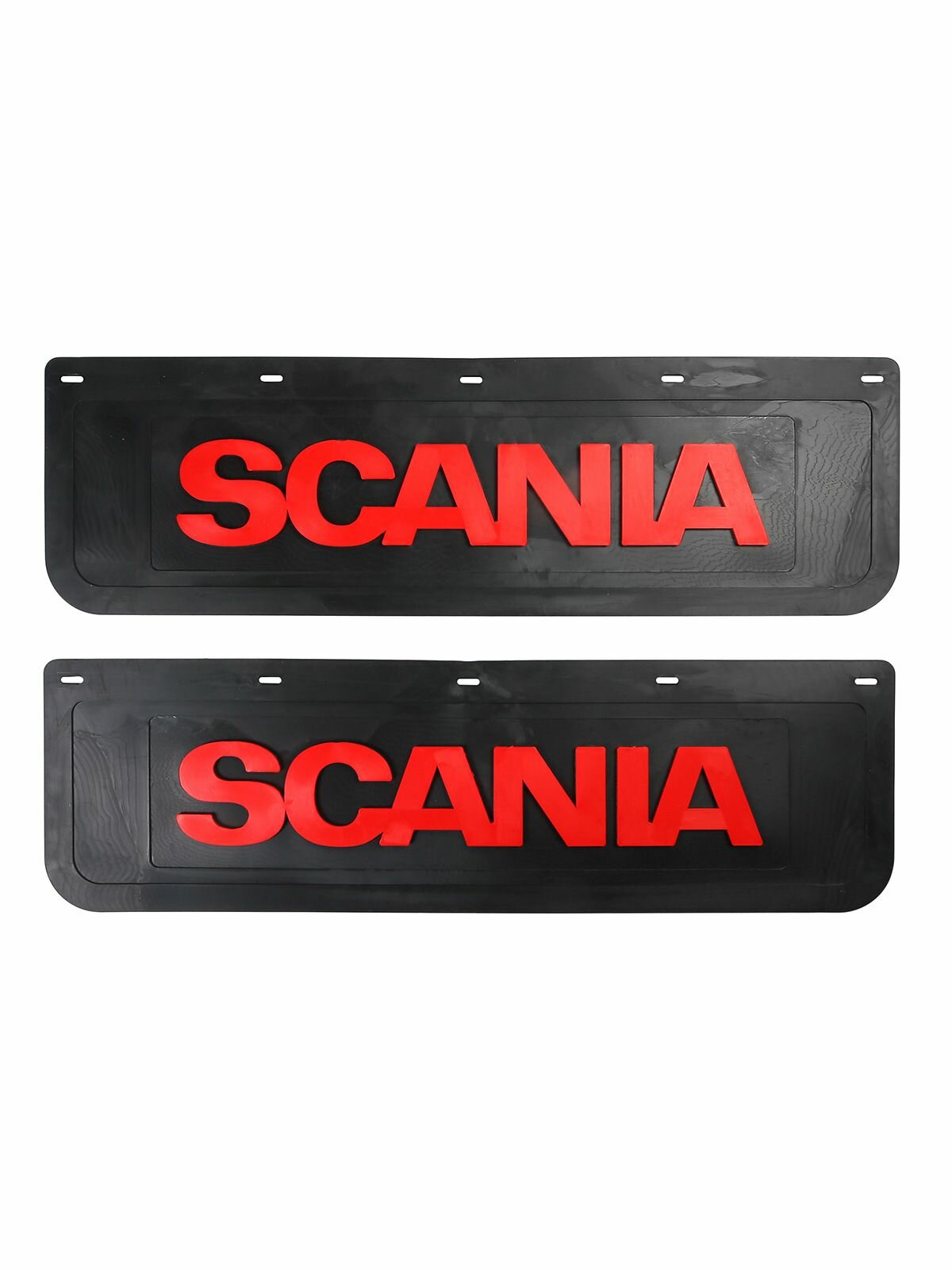 Брызговики чёрные на передний бампер 600x180 мм (2 штуки). Резина (LUX). Красная надпись "SCANIA". Сделано в России (25957)