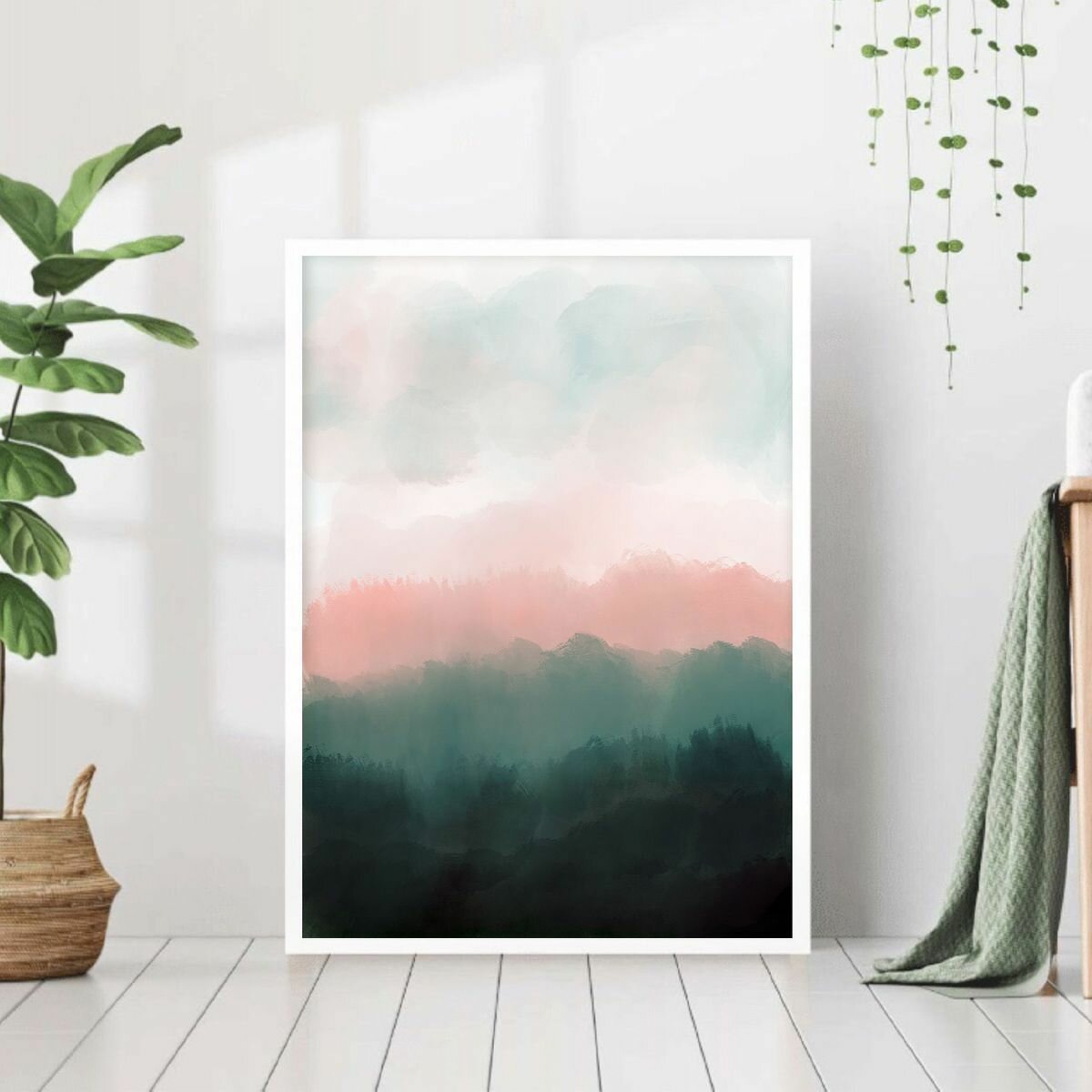 Постер "Абстракция пейзаж лес" 50x70 в белой рамке на стену для интерьера