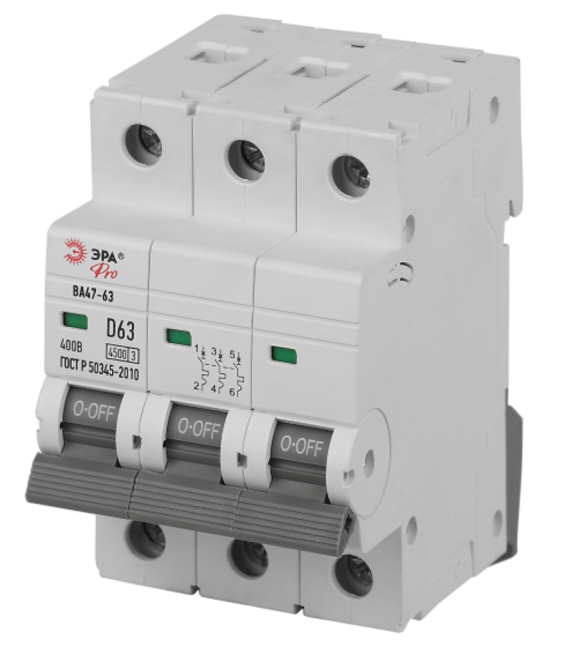 Автоматический выключатель ЭРА Pro ВА47-63 VA63-3P63D4.5, 3P 63А характеристика D, 4.5кА, Б0059483 / электроавтомат