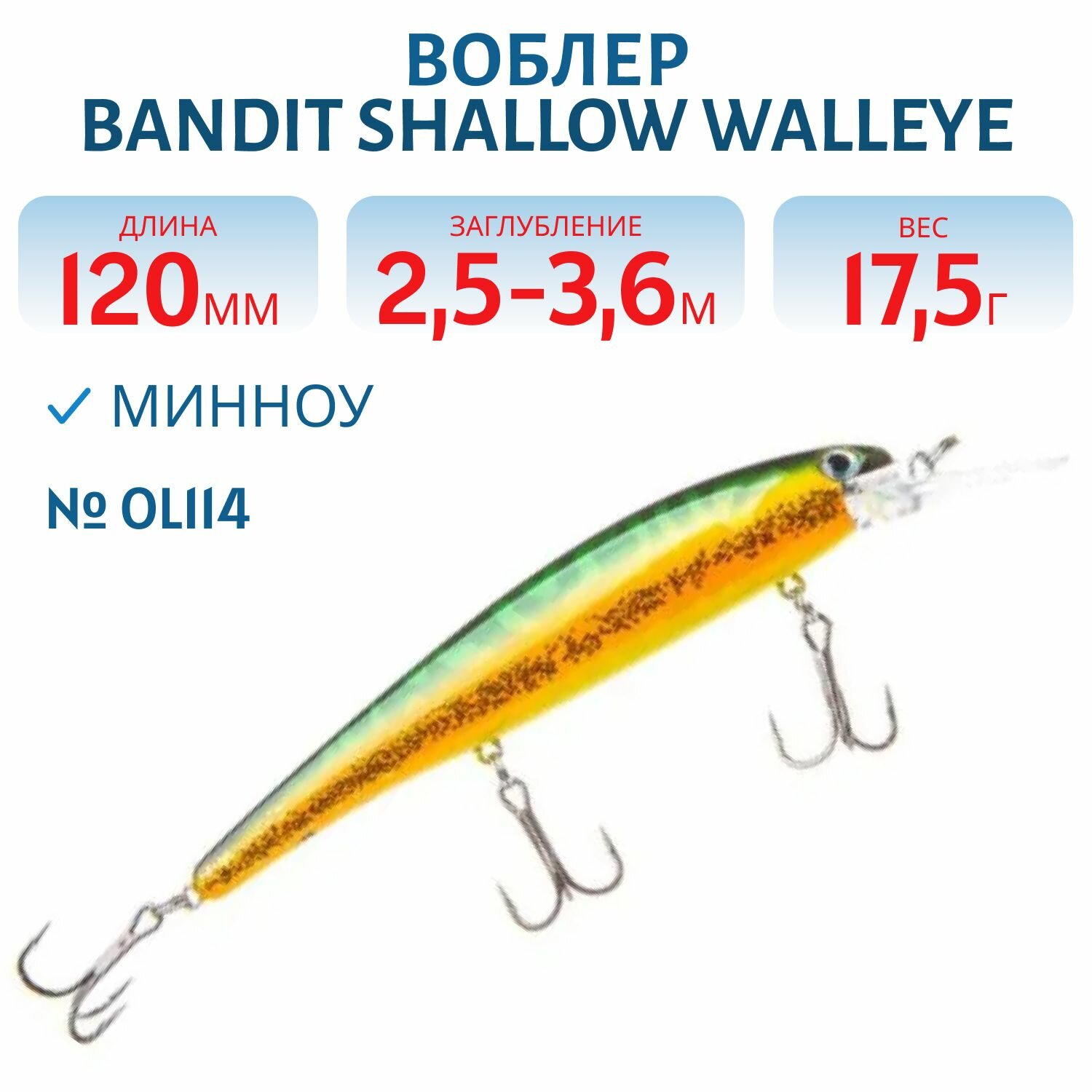 Воблер BANDIT SHALLOW WALLEYE, 120 мм, 17,5 гр, цвет OL114