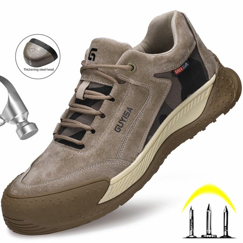 Мужская рабочая обувь, со стальным носком, антипрокольная, всесезонная, коричневая