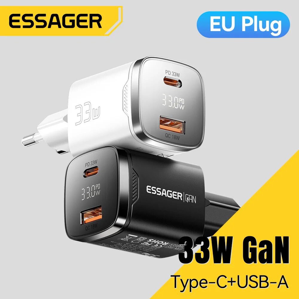 Essager 33 Вт GaN USB C Зарядное устройство с цифровым дисплеем PD Быстрая зарядка для White EU Plug