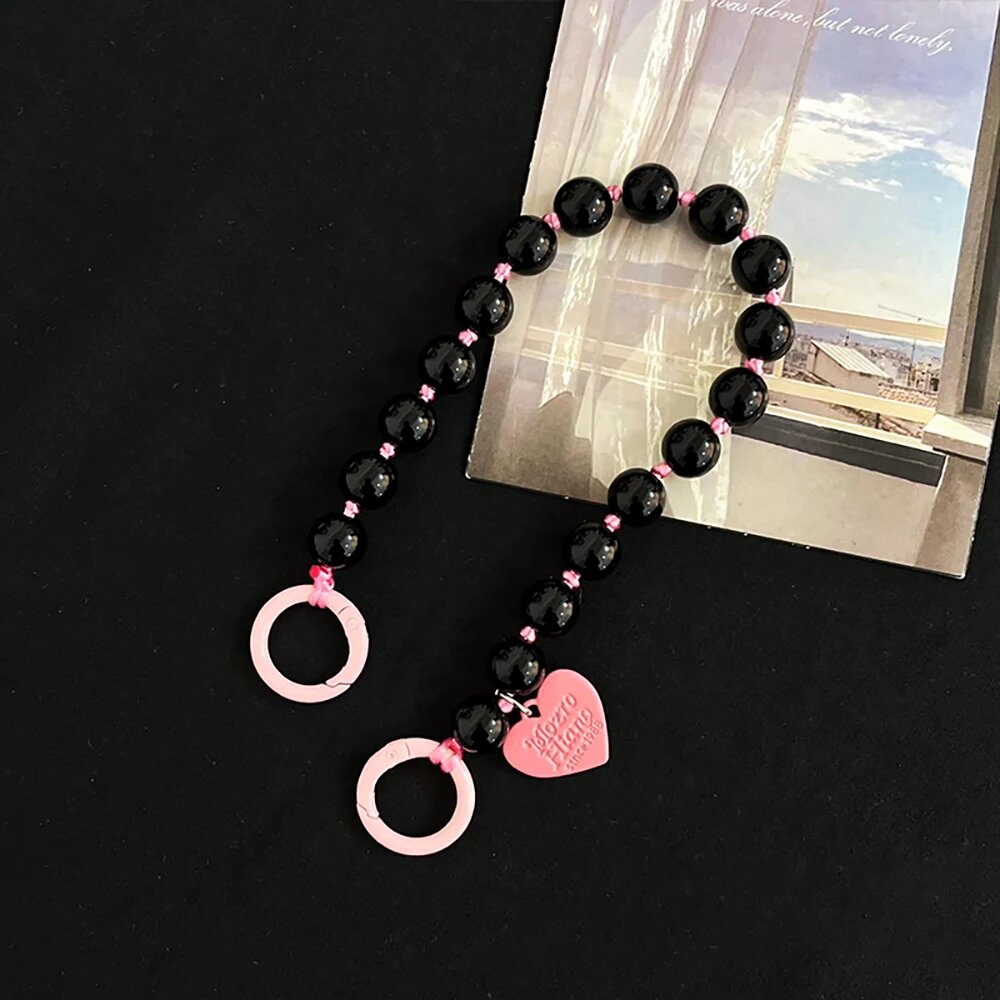 Корейская красочная цепочка для телефона с сердечком из бисера, кулон, подвесной ремешок, брелок для ключей для iPhone, сумка для ключей, подвесная веревка для женщин Black