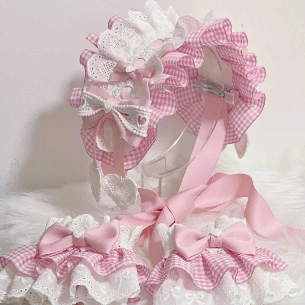 Клетчатый кружевной ободок для волос в форме сердца Розовый, Pink White