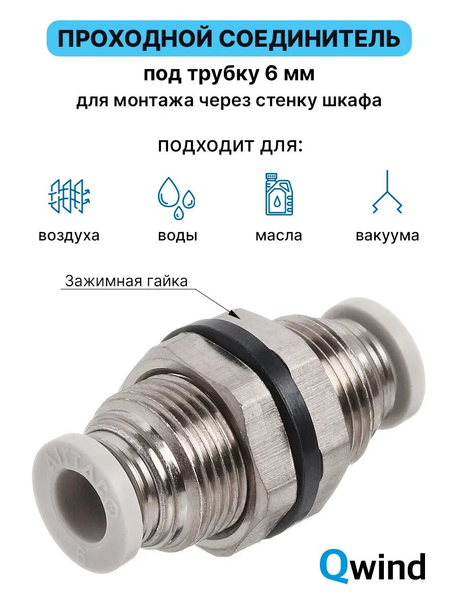 Фитинг проходной пневматический PM6 Airtac под трубку 6 мм, 1 шт