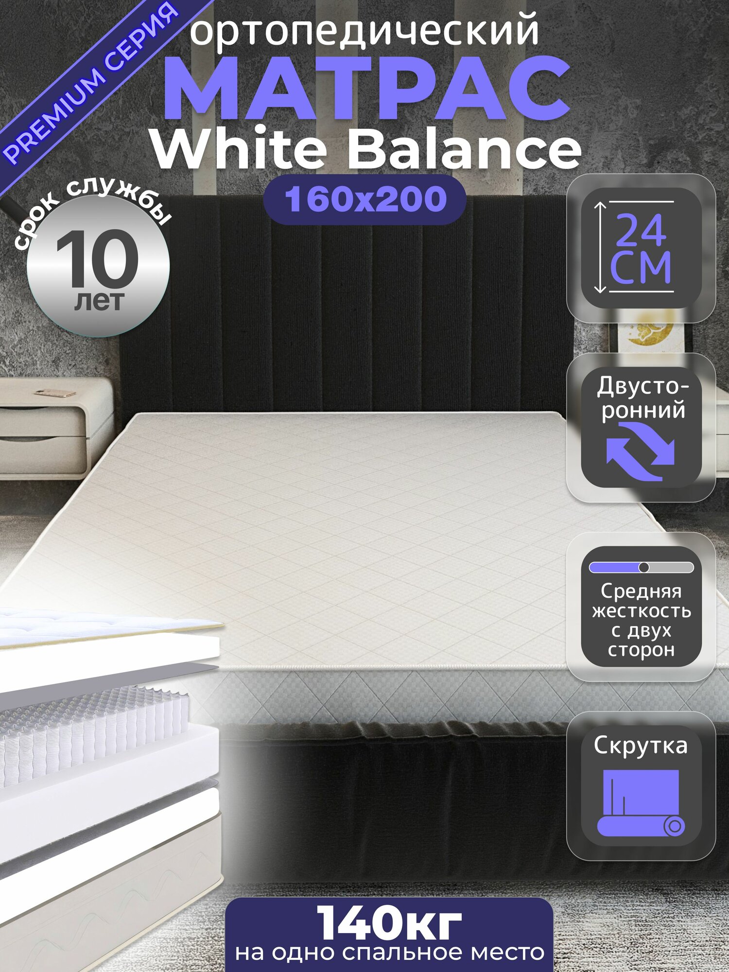 Матрас 160х200 ортопедический, двухспальный, пружинный / Матрац 160*200 средней жесткости, двуспальный