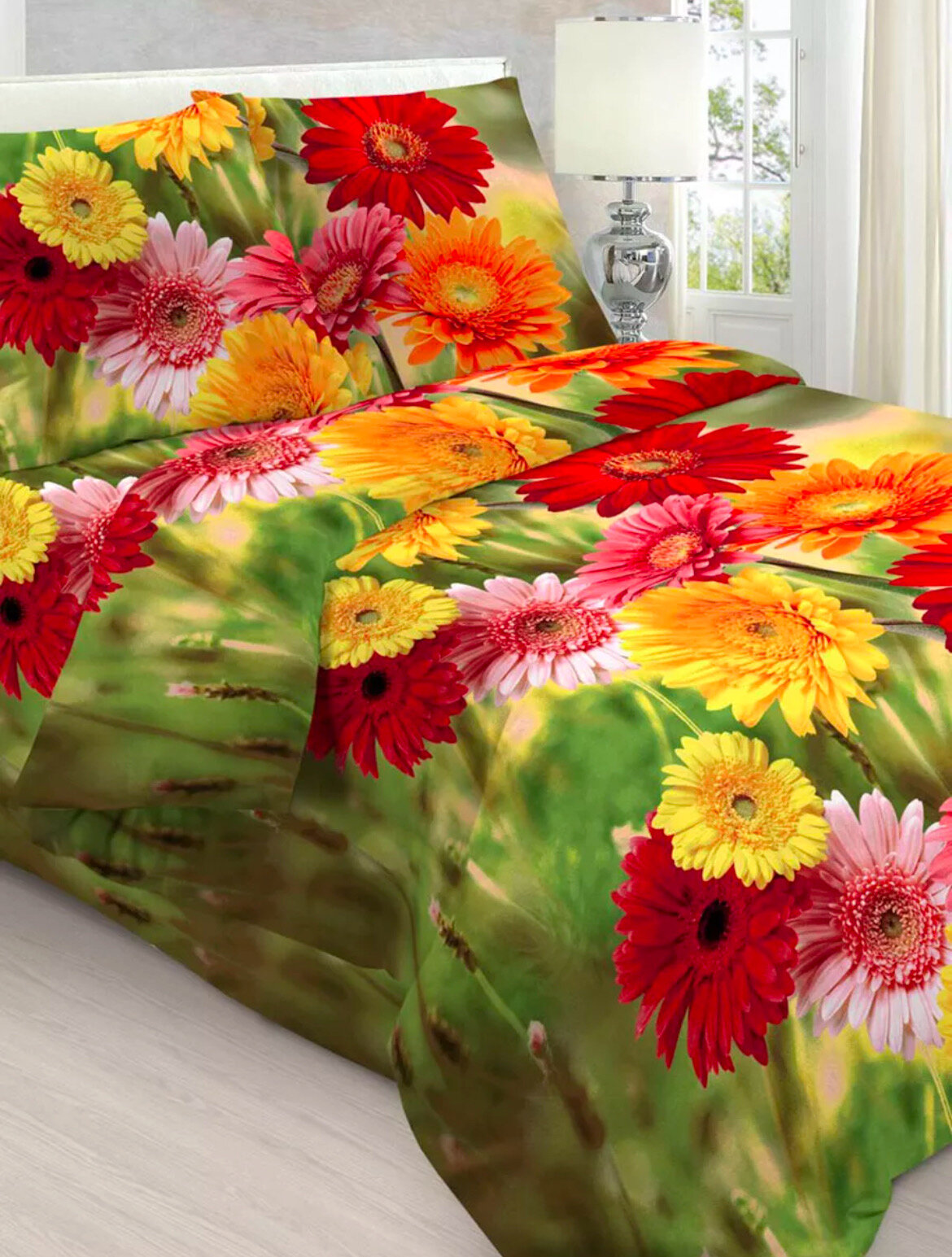 Комплект постельного белья, герберы, Бязь - 100% Хлопок, 2 шт. наволочки, 70*70 см, пододеяльник, простыня, 1.5-спальное
