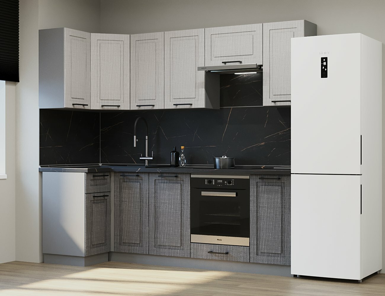 Кухонный угловой гарнитур Аликанте, 1000х2450 мм, чесура темная/чесура светлая