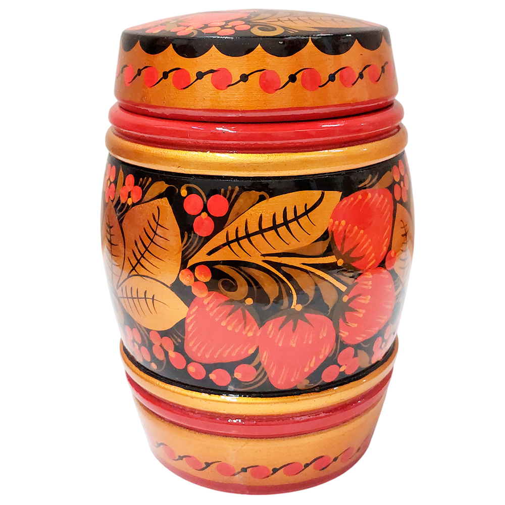 Деревянный бочонок с крышкой расписной "Ягодки", хохлома, 800 мл, (Ручная работа)