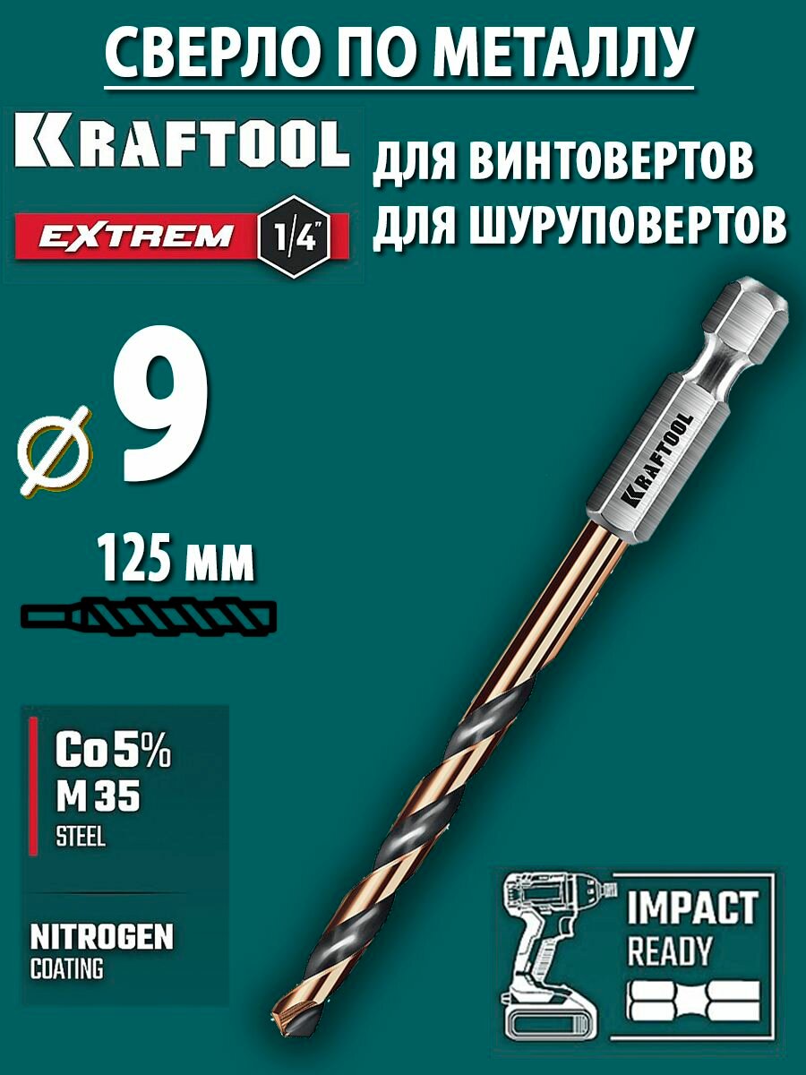 Сверло по металлу KRAFTOOL для винтовёртов и шуруповертов, НЕХ-1/4" 9.0х125mm